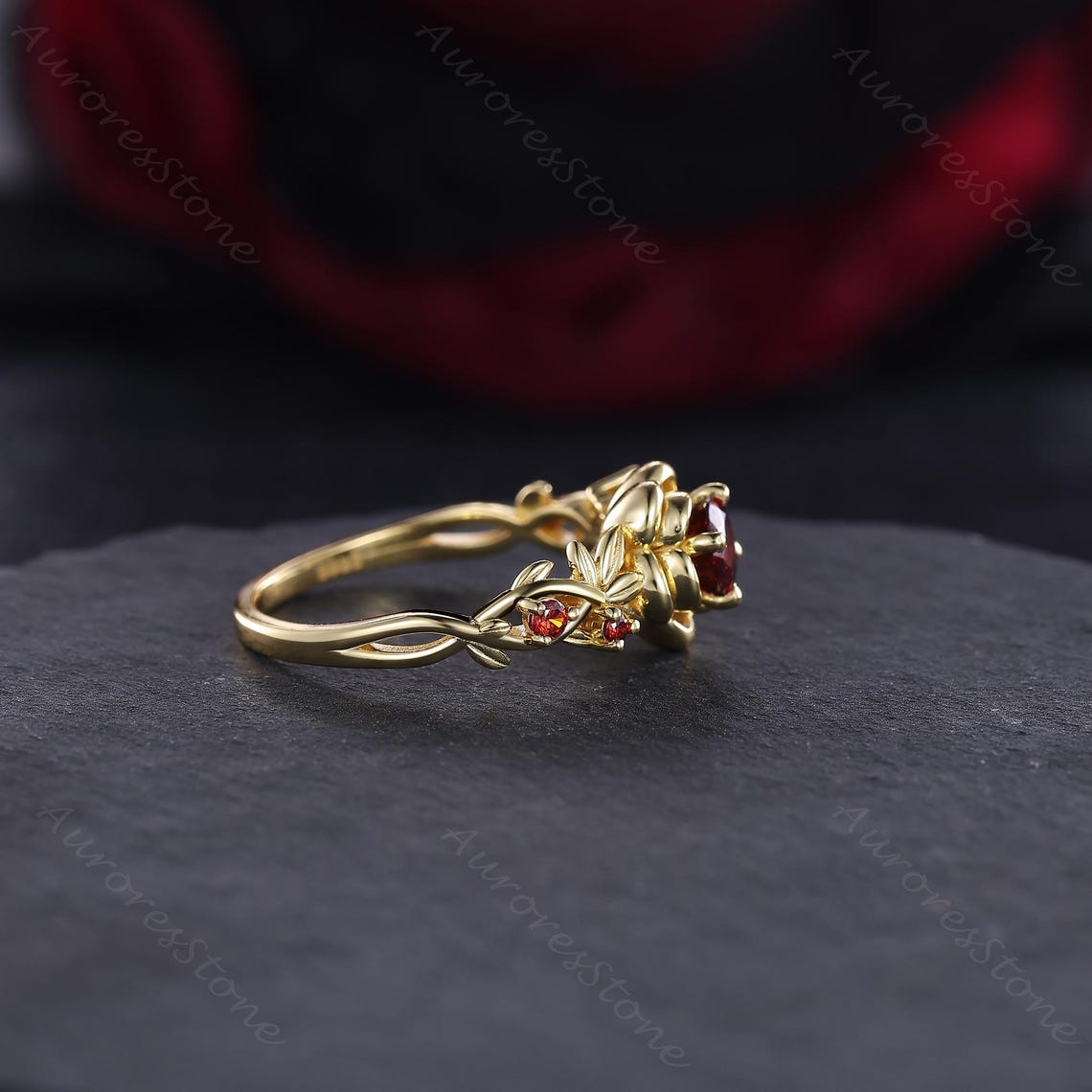 Vintage Floral Garnet Engagement Ring Set, 14K Gold Vine Leaf Wedding ...