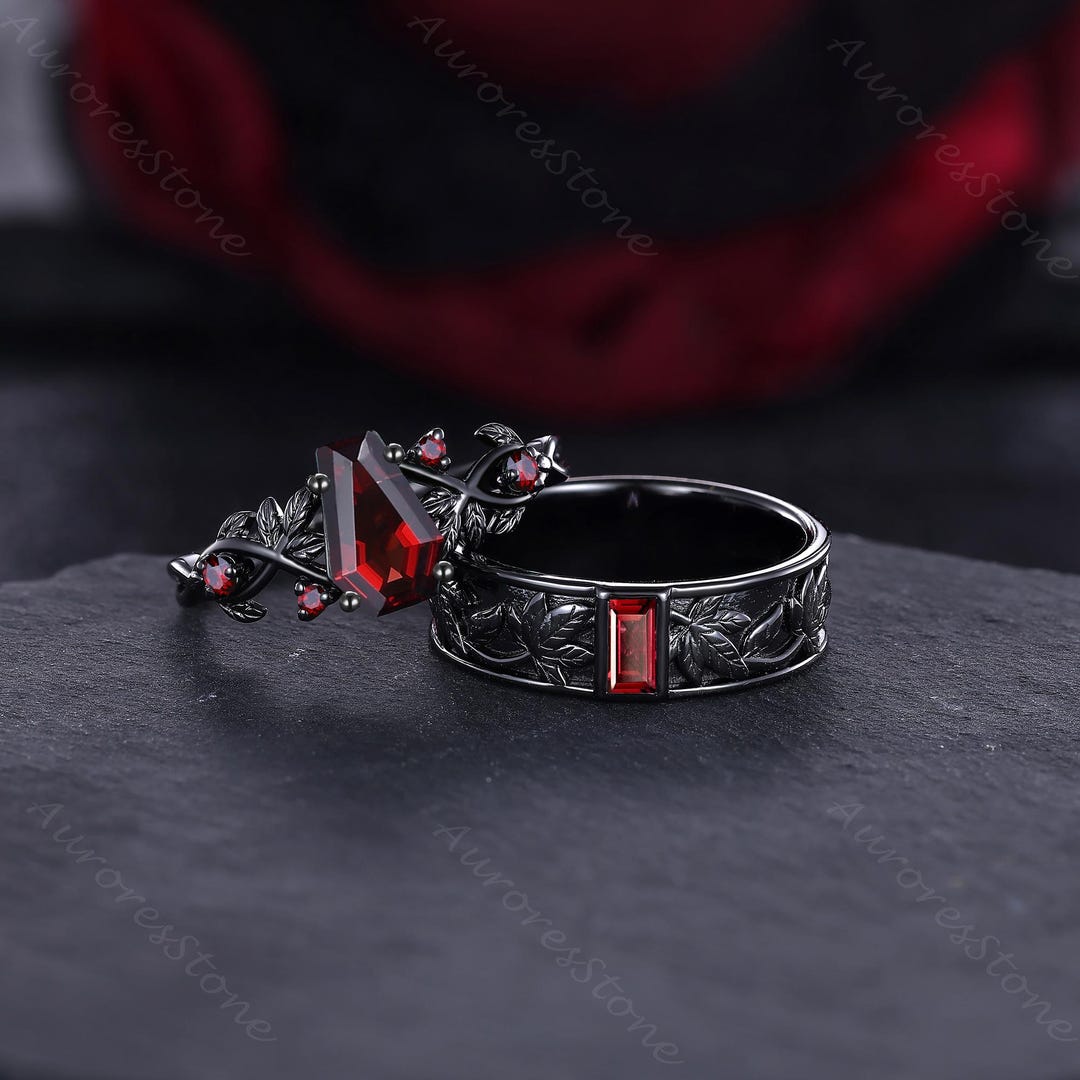 Unique Coffin Garnet Couple Ring Set Gothic Black Gold Men and Women ...
