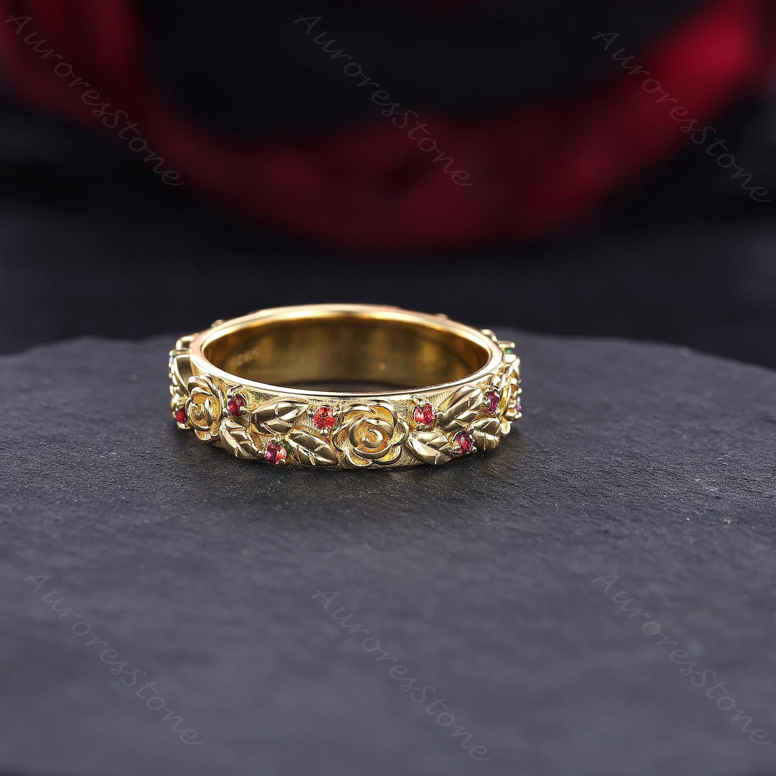 Vintage Floral Garnet Engagement Ring Set, 14K Gold Vine Leaf Wedding ...