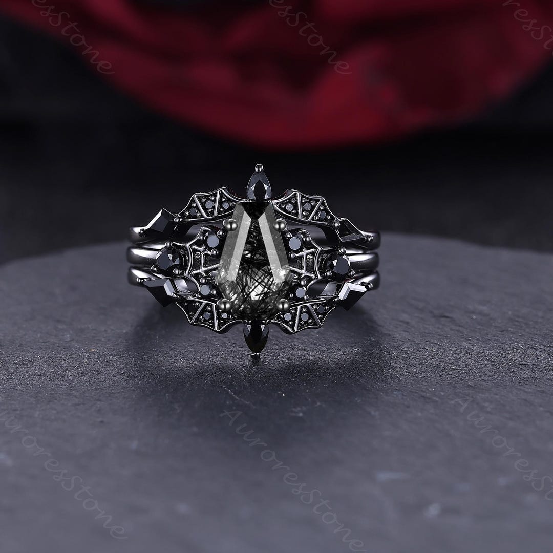 Gothic Coffin Cut Black Rutilated Quartz Engagement Ring Set, Spiderweb Matching Rings, Bat ...