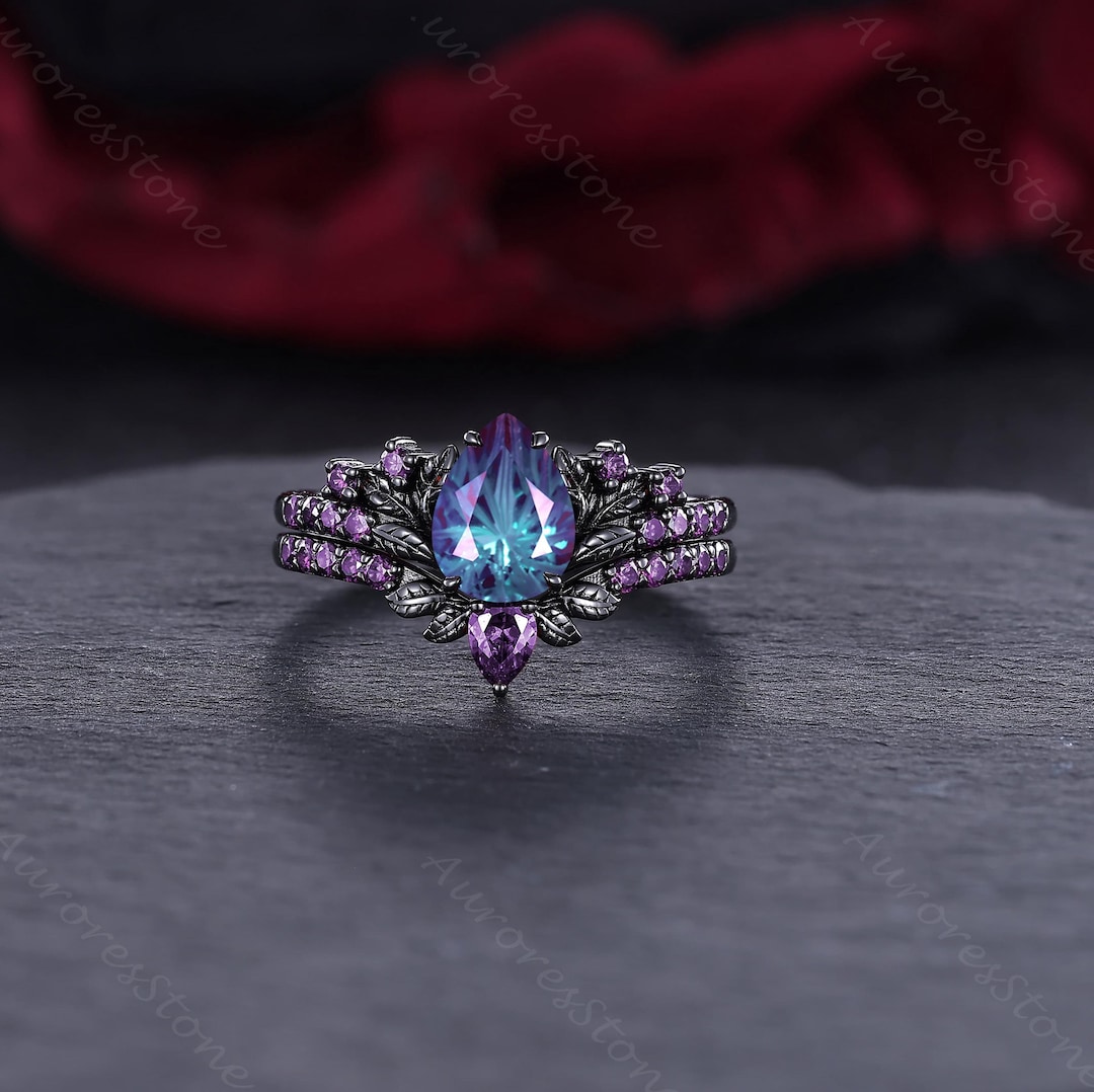 Firework-cut Alexandrite & Amethyst Engagement Ring Set Black Gold ...