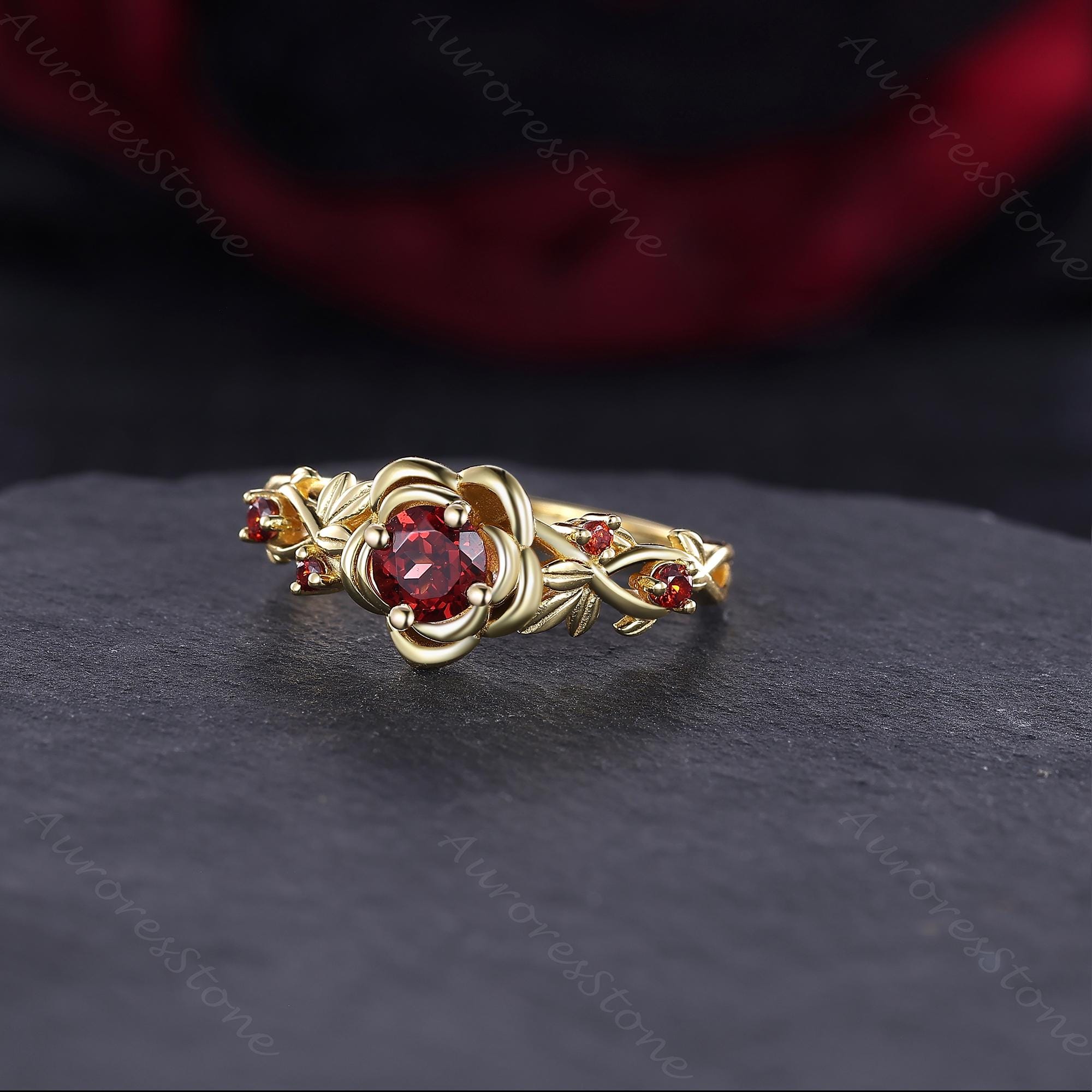 Vintage Floral Garnet Engagement Ring Set, 14K Gold Vine Leaf Wedding ...