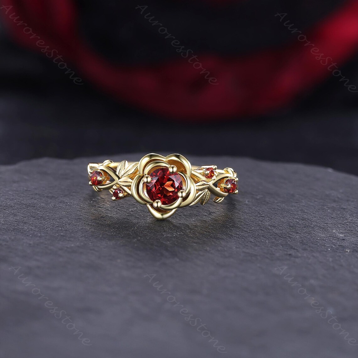 Vintage Floral Garnet Engagement Ring Set, 14K Gold Vine Leaf Wedding ...