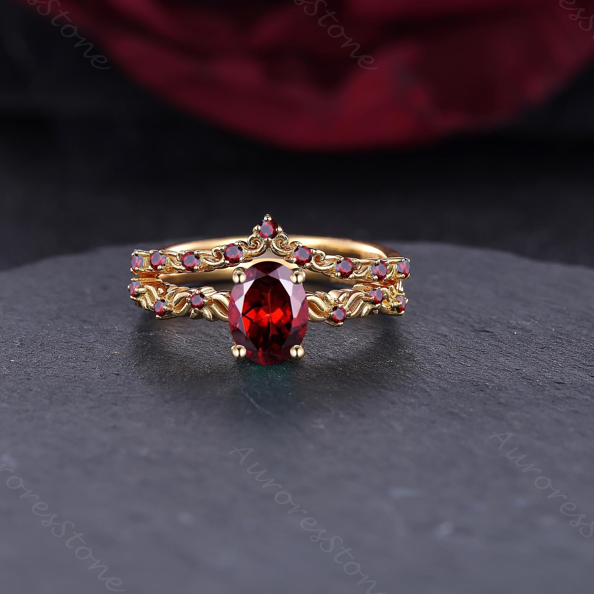Vintage Gold Garnet Couple Rings Victorian Scroll Design Wedding Ring ...