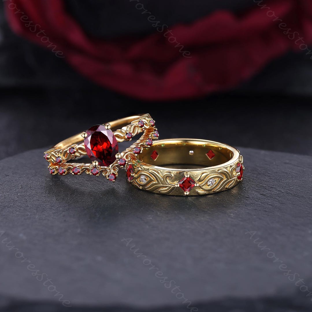 Vintage Gold Garnet Couple Rings Victorian Scroll Design Wedding Ring ...