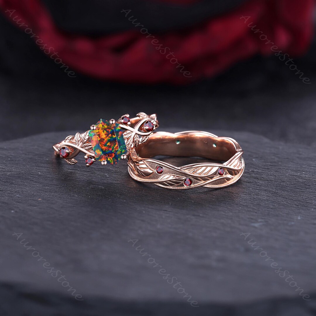 Unique Rose Gold Fire Opal Couple Ring Set Twig Leaf Red Opal ...