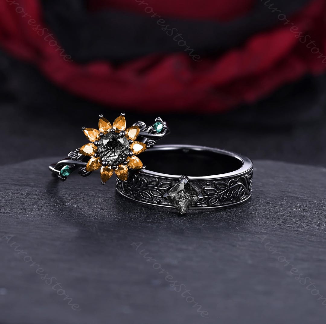 Sunflower Design Couple Ring Set Gothic Black Rutilated Quartz Leaf ...