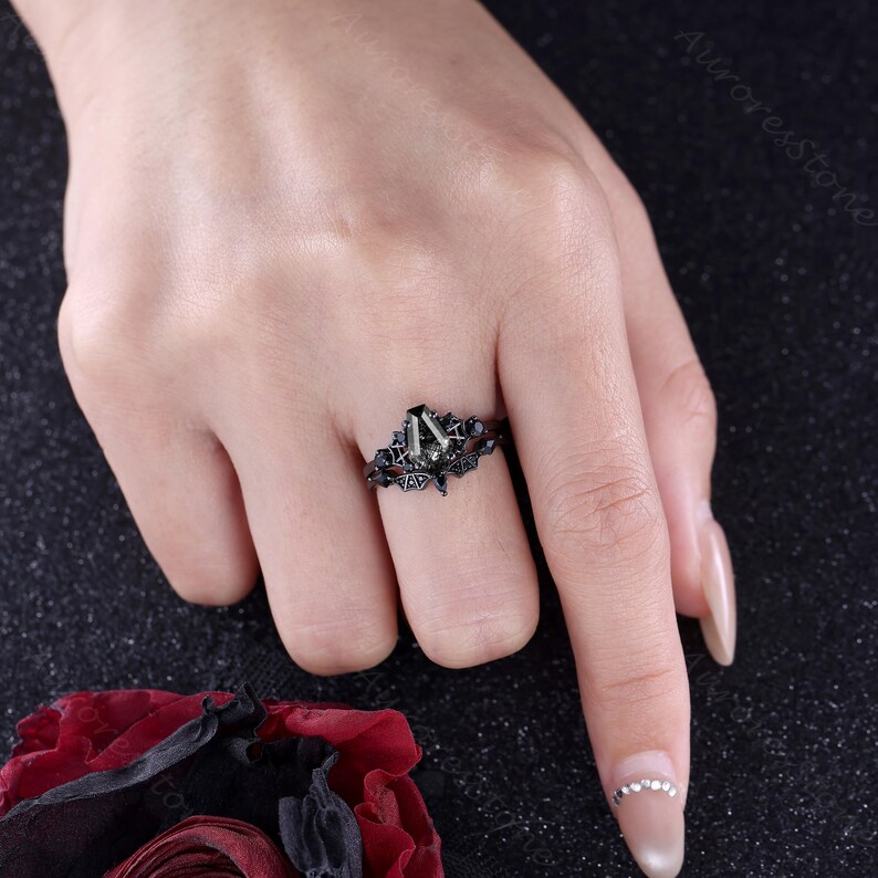Spider Web Coffin Black Rutilated Quartz Engagement Ring Set Witchy ...