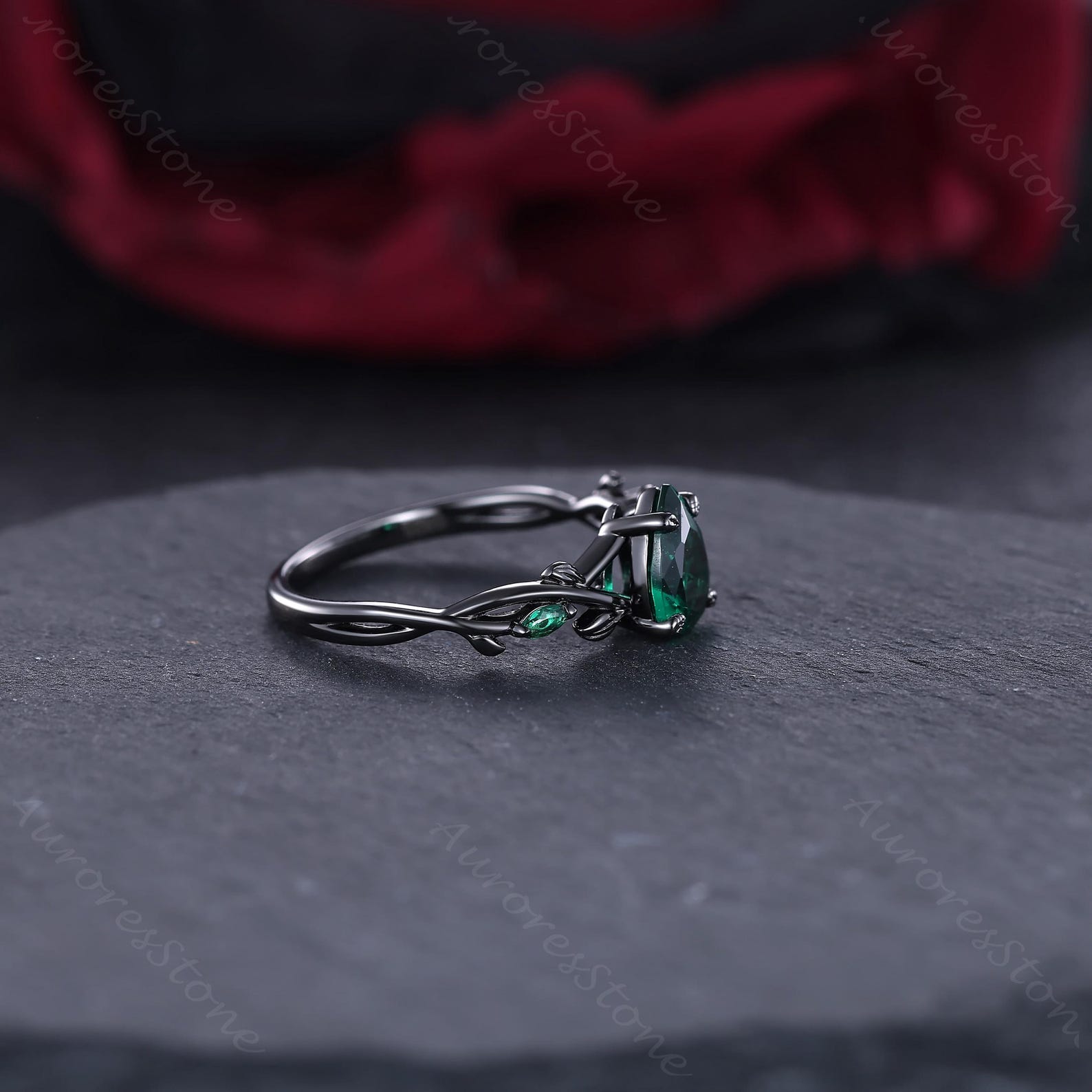 Gothic Black Gold Emerald Leaf Branch Couple Ring Set Pear Green ...