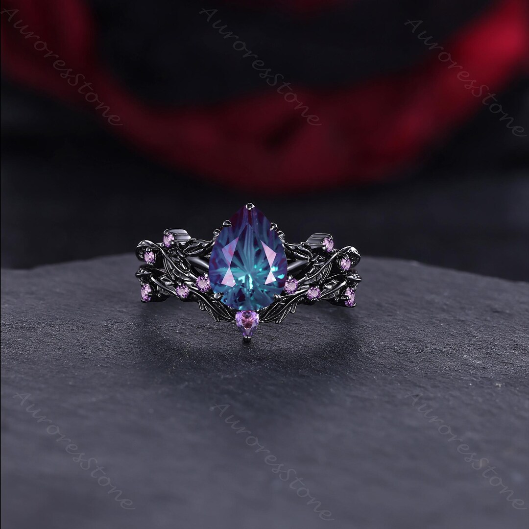 Fireworks Cut Alexandrite Engagement Ring Set Leaf Design Black Gold ...