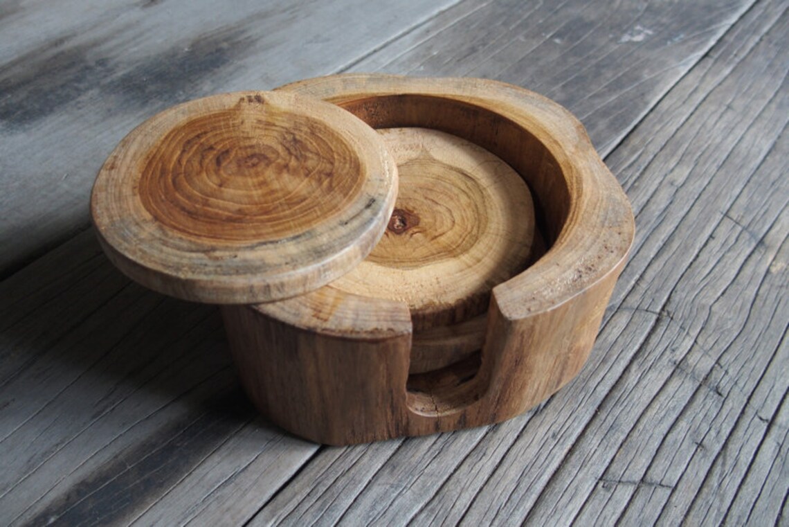 Teak Wood Coasters 4 Pieces With the Holder Rustic Look Smooth - Etsy