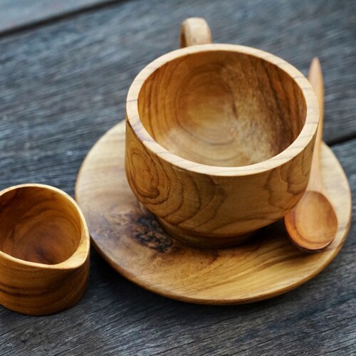 Wooden Coffee Tea Cup Set With Plate and Spoon Palm Wood - Etsy