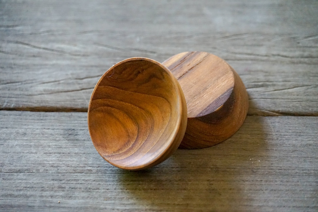 Set of 2 Teak Wood Small Bowl Sauce Bowl Round Shaped Minimal Serving ...