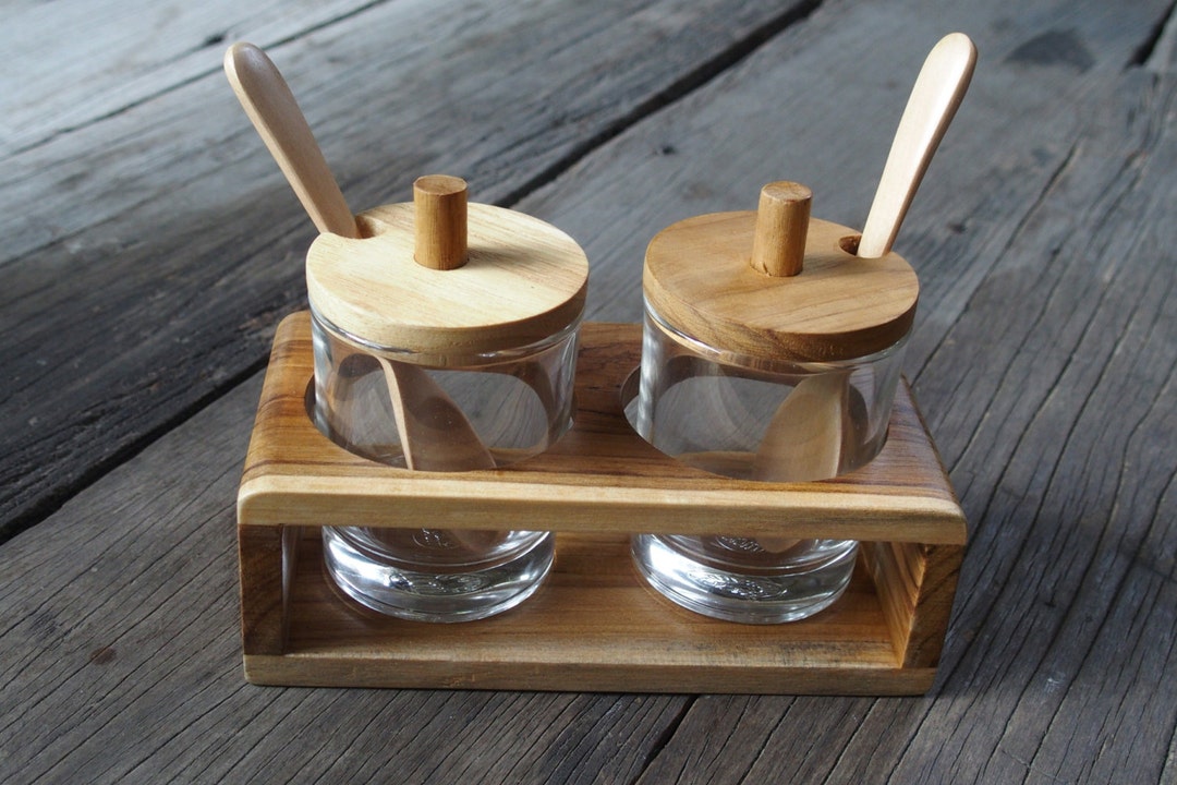 TEAK Wood Condiment Caddy 2 Compartment Holder Serving Set Spices ...