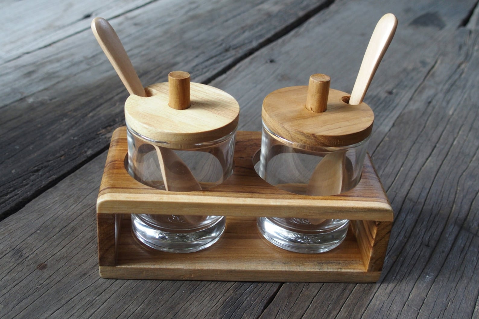 TEAK Wood Condiment Caddy 2 Compartment Holder Serving Set - Etsy