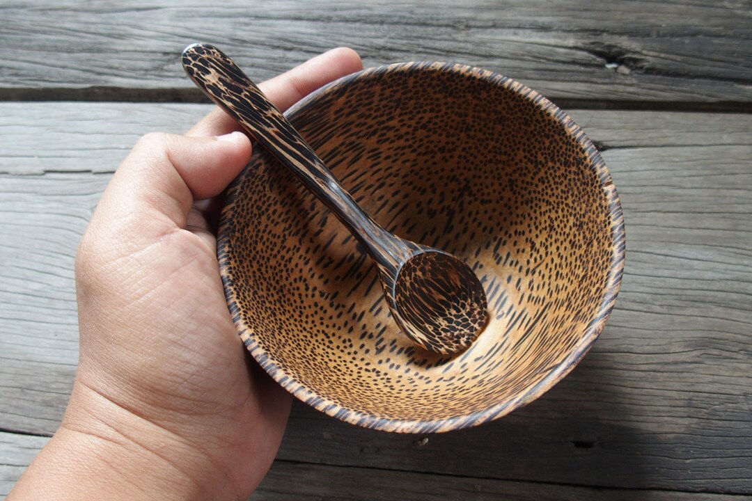 Wooden Bowl & Wooden Spoon, 4 Inches Palm Wood Bowl, Cereal Salad Soup ...