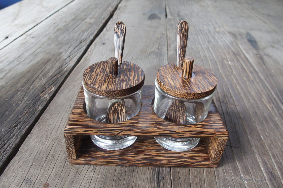 PALM Wood Condiment Caddy 2 Compartment Holder Serving Set | Etsy