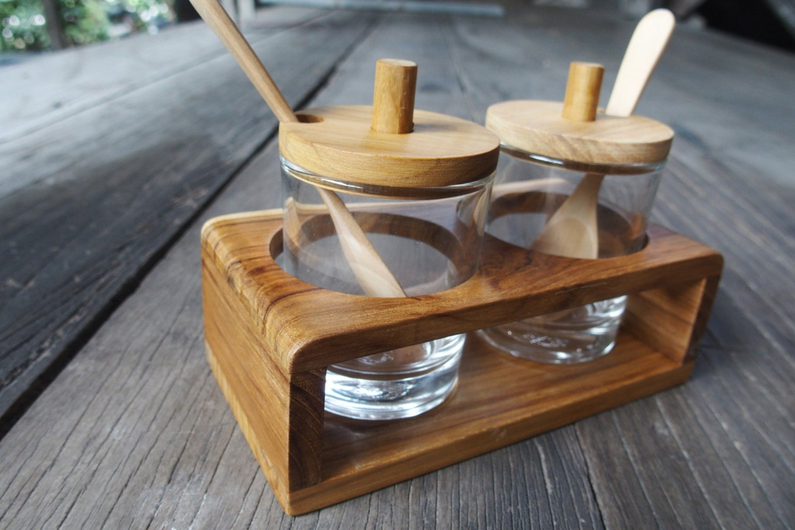 TEAK Wood Condiment Caddy 2 Compartment Holder Serving Set | Etsy