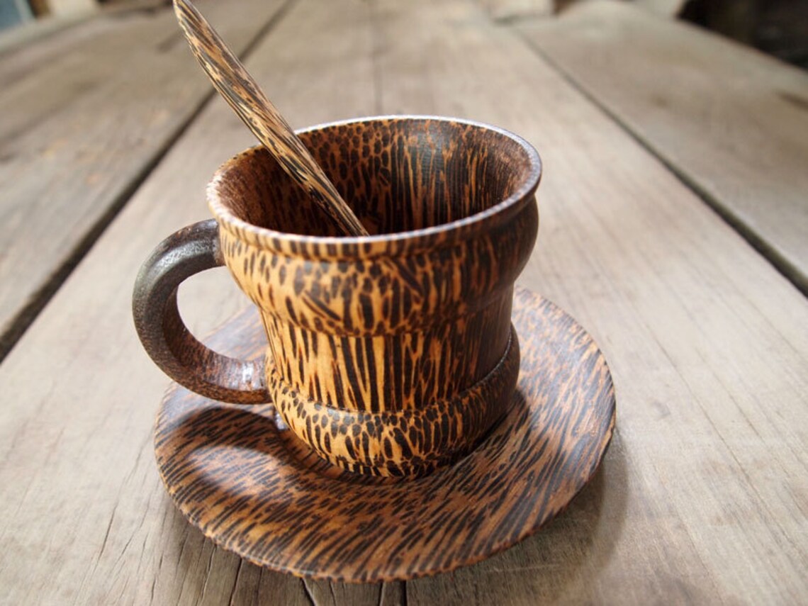 Wooden Coffee Tea Cup Set With Plate and Spoon Palm Wood - Etsy