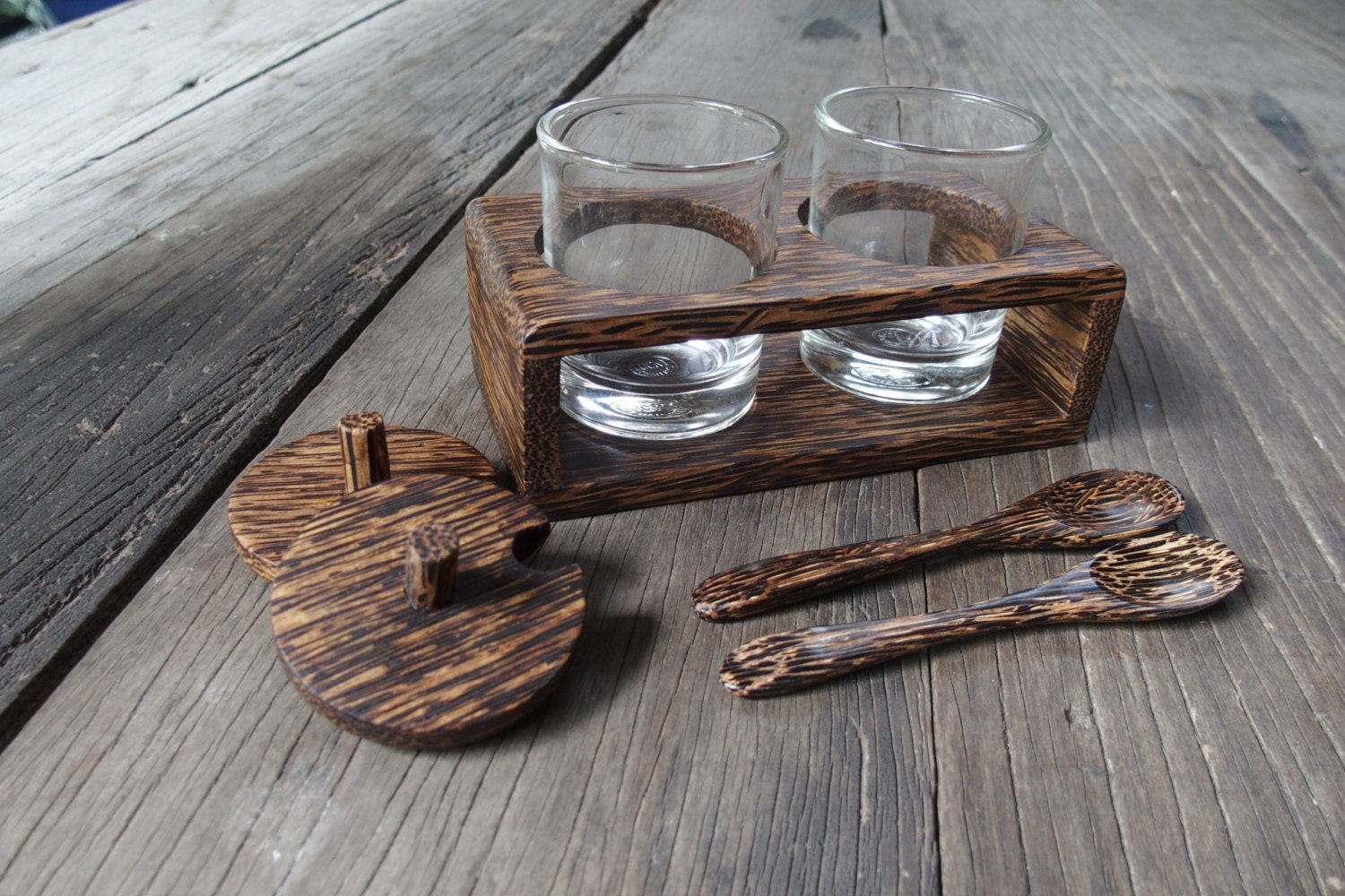 PALM Wood Condiment Caddy 2 Compartment Holder Serving Set | Etsy