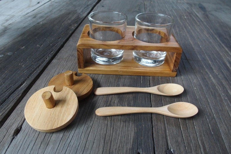 TEAK Wood Condiment Caddy 2 Compartment Holder Serving Set - Etsy