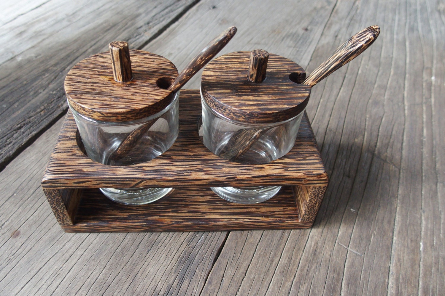 PALM Wood Condiment Caddy 2 Compartment Holder Serving Set | Etsy