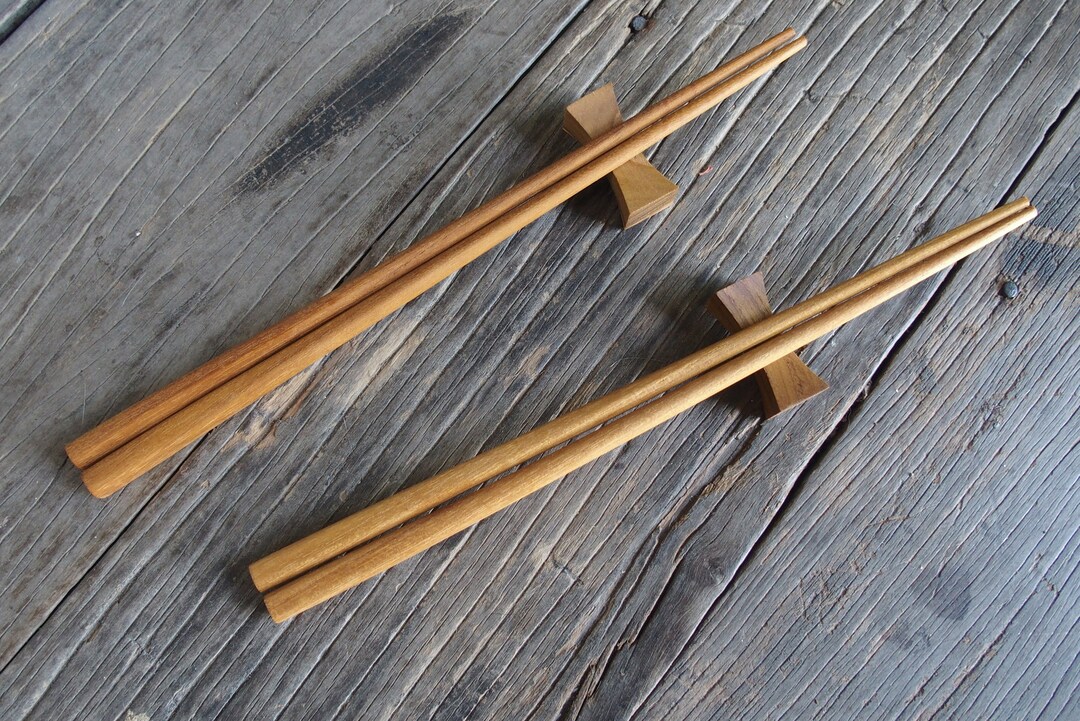 Chopstick + Rest Set Natural Colour Set of a Pair Plain Teak Wood and ...