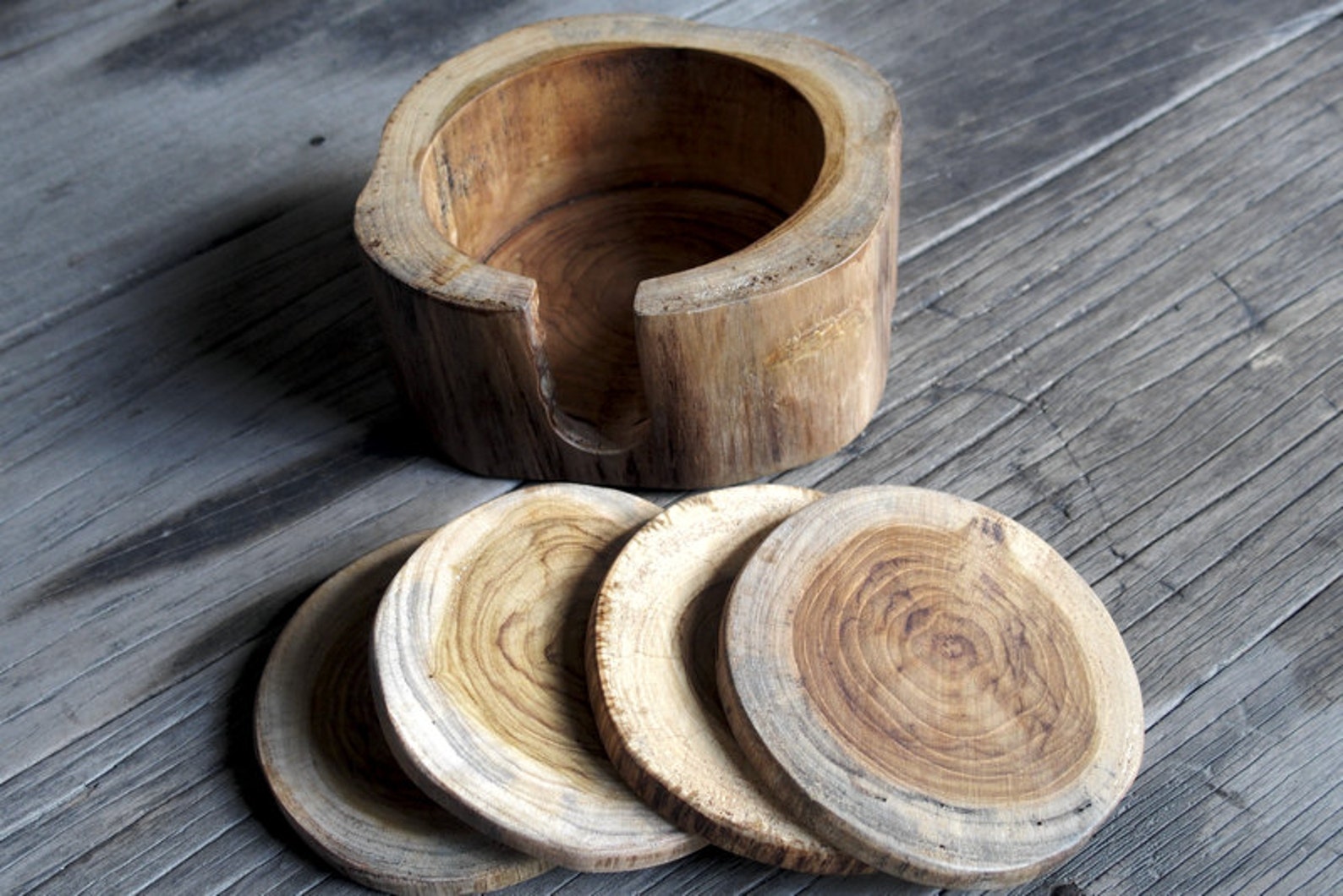Teak Wood Coasters 4 Pieces With the Holder Rustic Look Smooth - Etsy