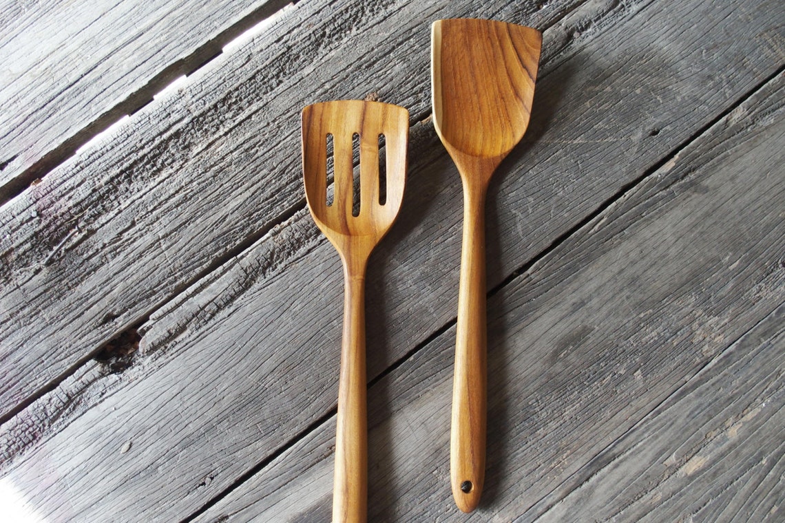 Teak Wood Spatula Wood Flipper Wood Slotted Turner Lightweight - Etsy