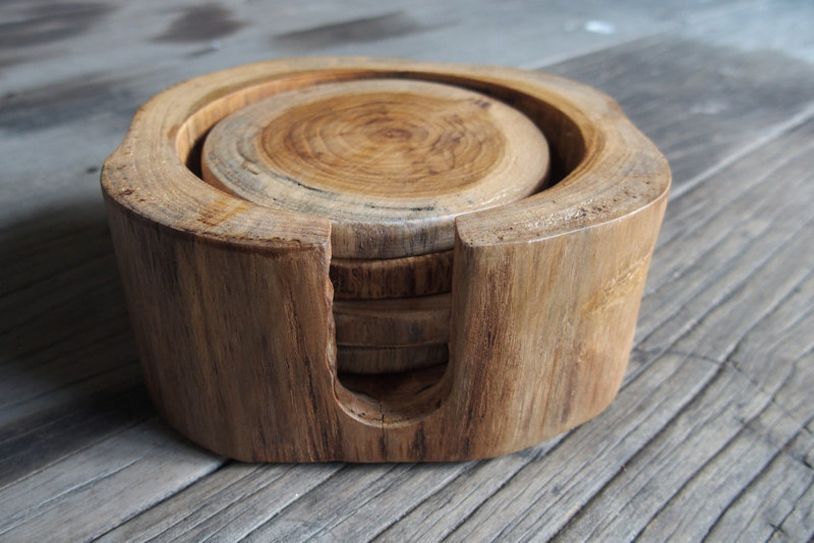 Teak Wood Coasters 4 Pieces With the Holder Rustic Look Smooth - Etsy
