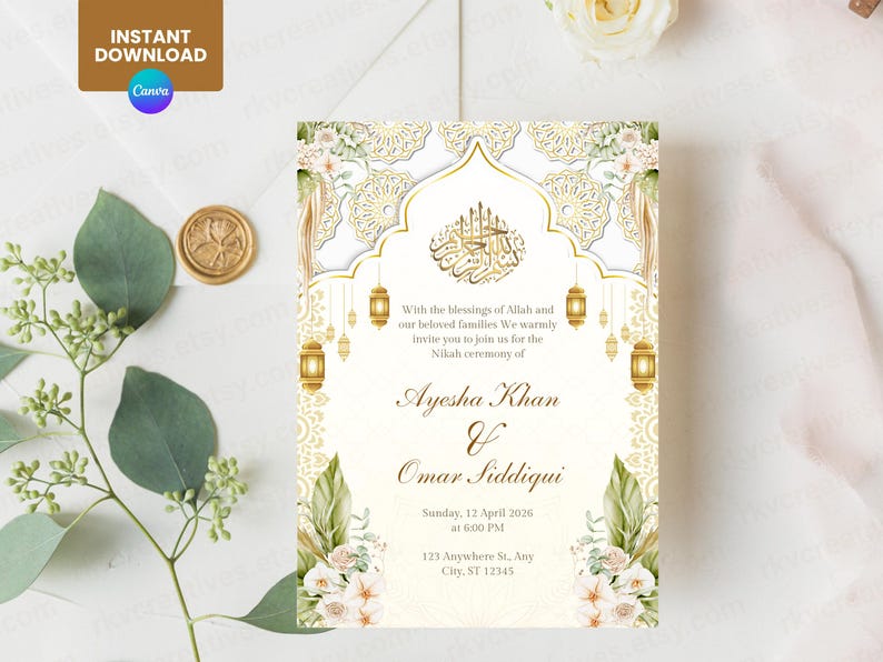 Editable Islamic Nikah Invitation, Floral Lantern Muslim Wedding Invite ...