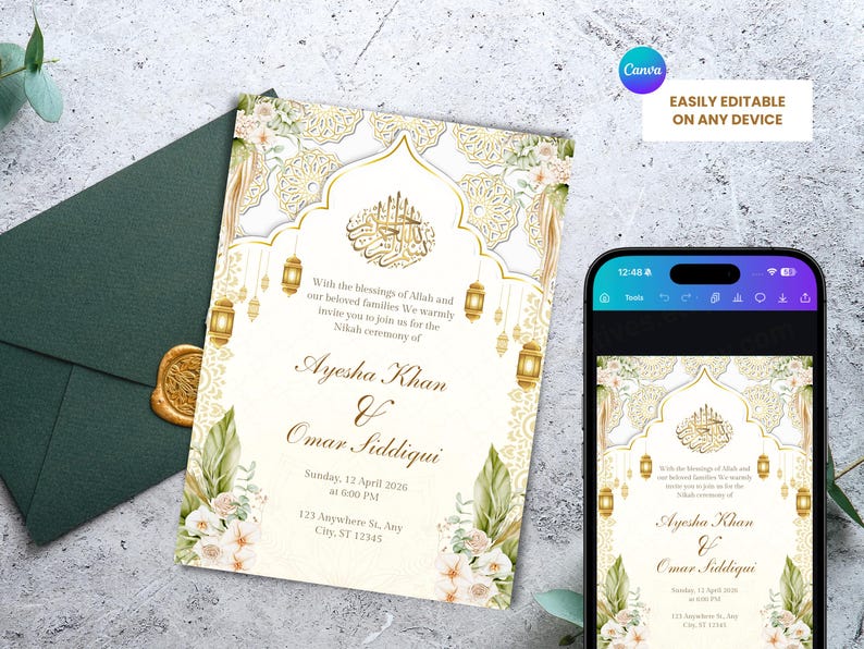 Editable Islamic Nikah Invitation, Floral Lantern Muslim Wedding Invite ...