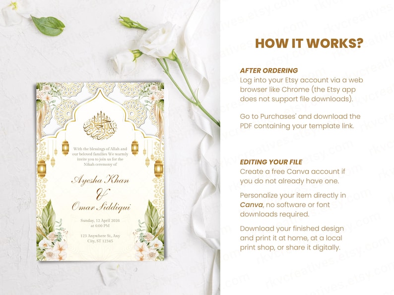 Editable Islamic Nikah Invitation, Floral Lantern Muslim Wedding Invite ...