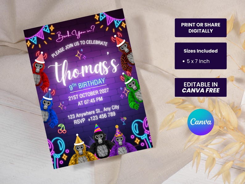 Gorilla Tag Birthday Invitation: Editable Neon VR Gaming Party Invite ...