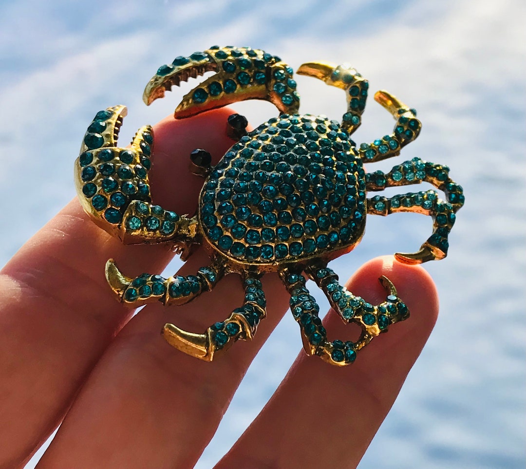 Vintage Super Sweet Sparkly Blue Rhinestone Brass Crab Pin Brooch Hefty ...