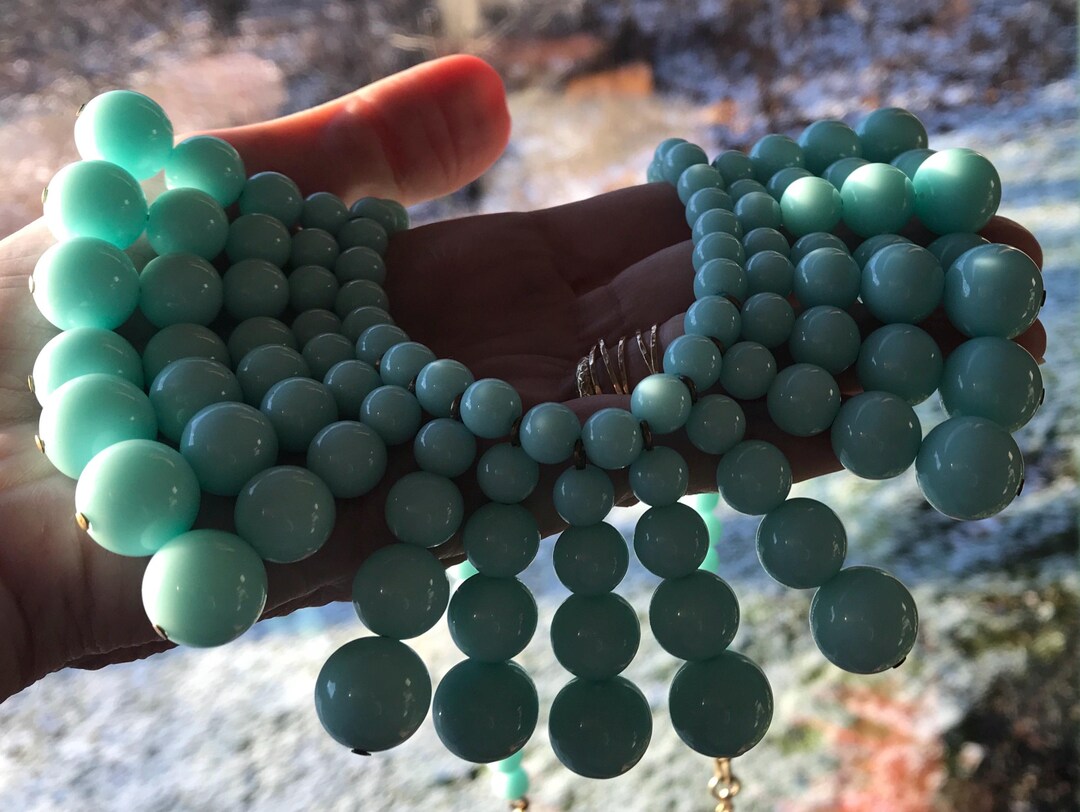 Vintage Pretty Iridescent Turquoise Blue Glass Bead Beaded Silver 20 ...