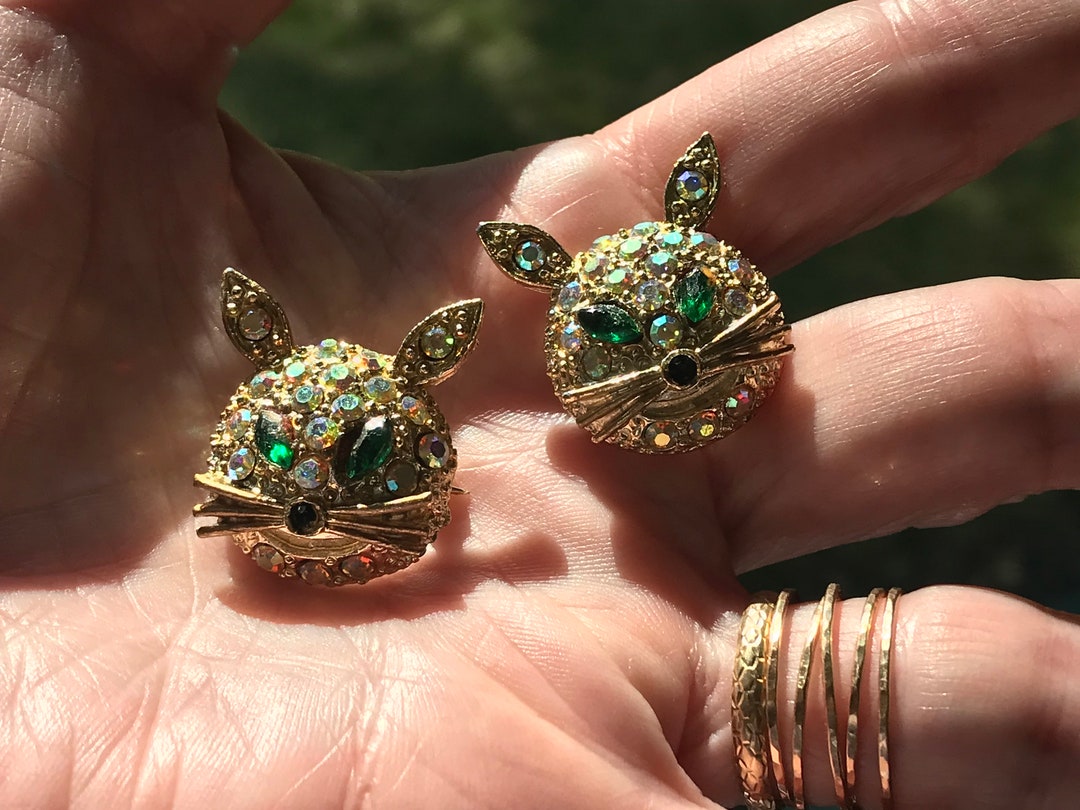 Vintage Set of 2 Sweet Sparkling Kitty Cat Face Pin Brooches Kitsch ...