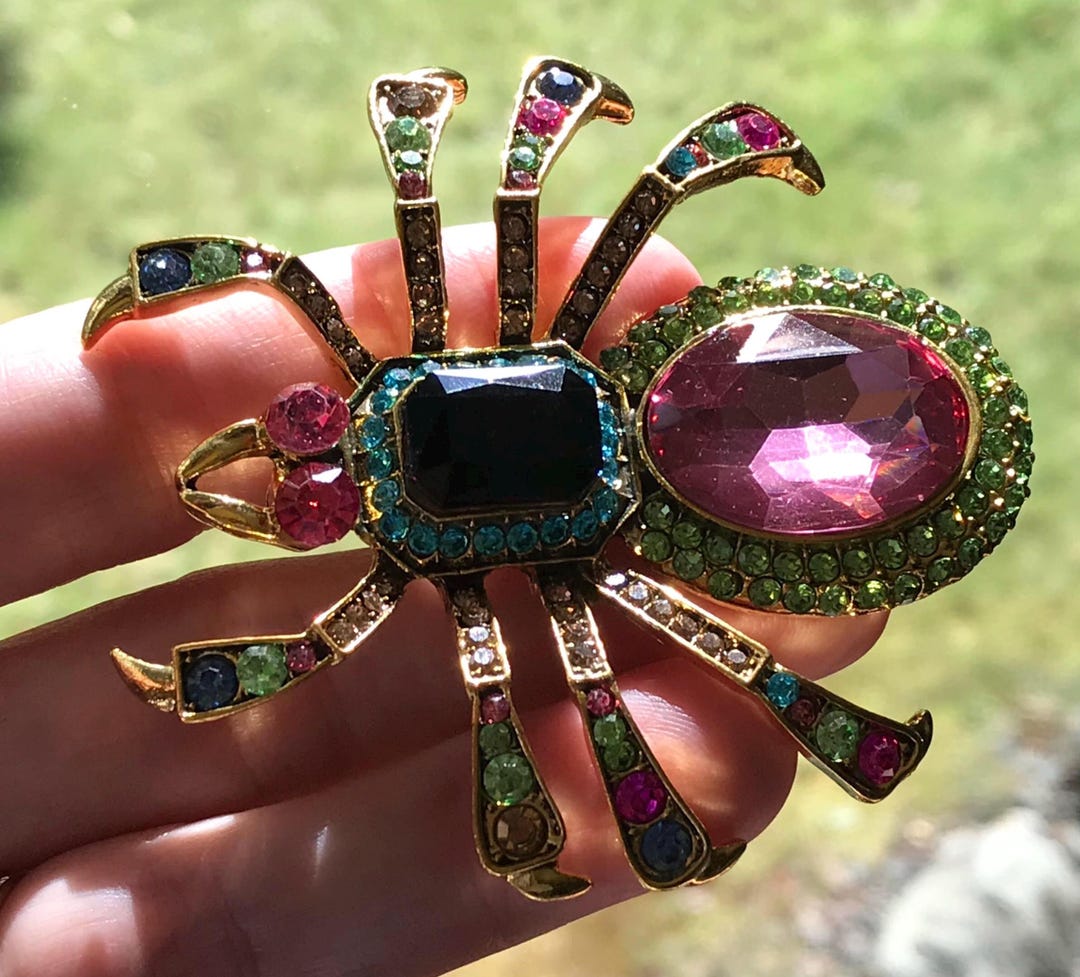 Jumbo Super Sparkling Vintage Brass Kitsch Statement Spider Pin Brooch ...