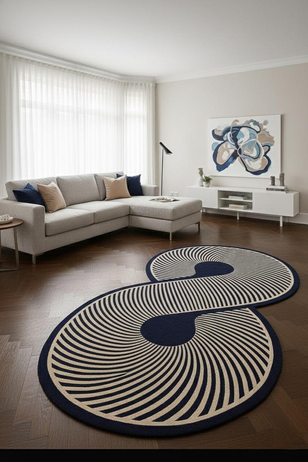 Modern Infinity Loop Rug Navy Blue Beige Abstract Carpet Irregular ...