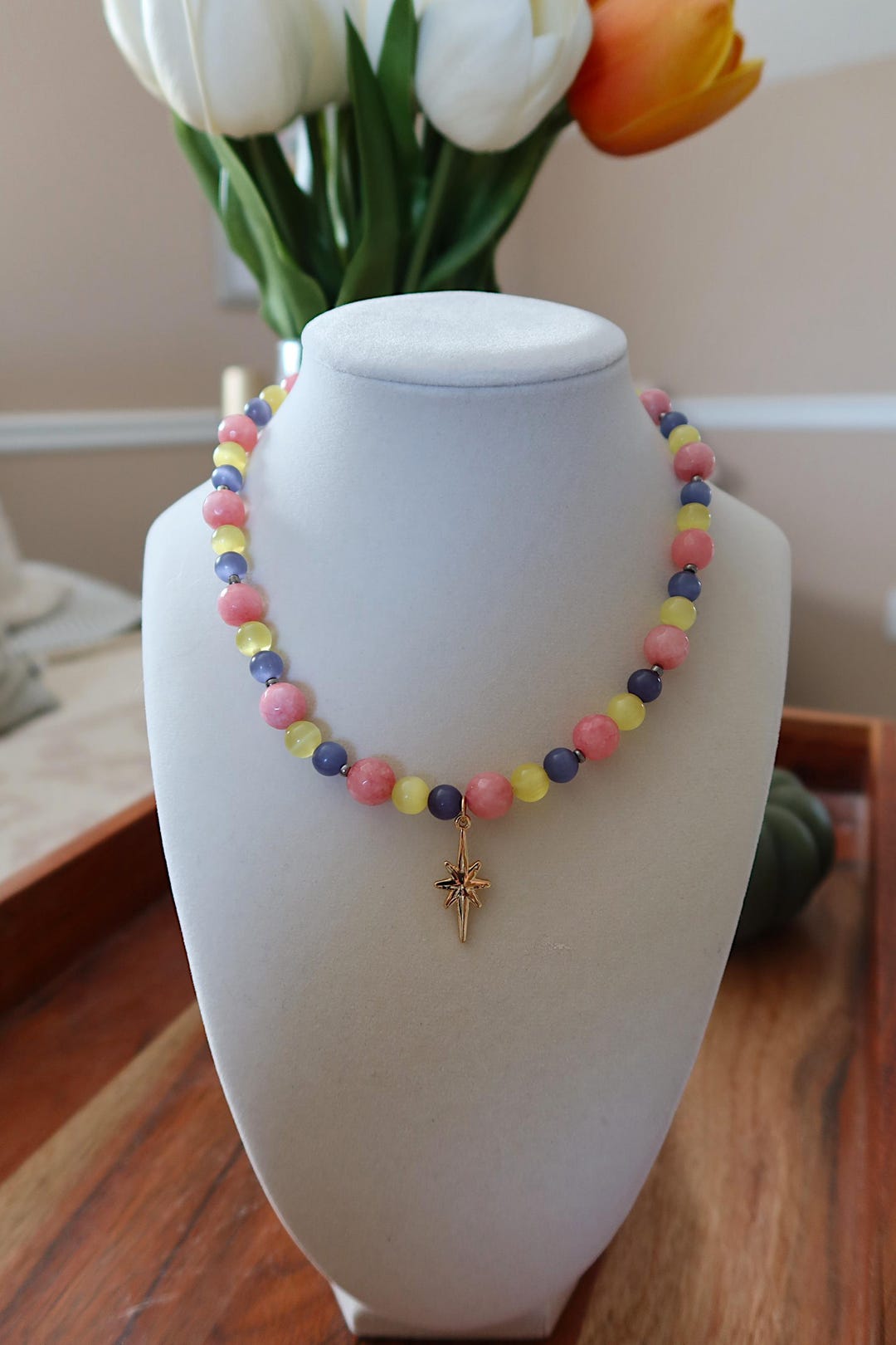 Pink, Blue, and Yellow Beaded Necklace With Star Charm - Etsy