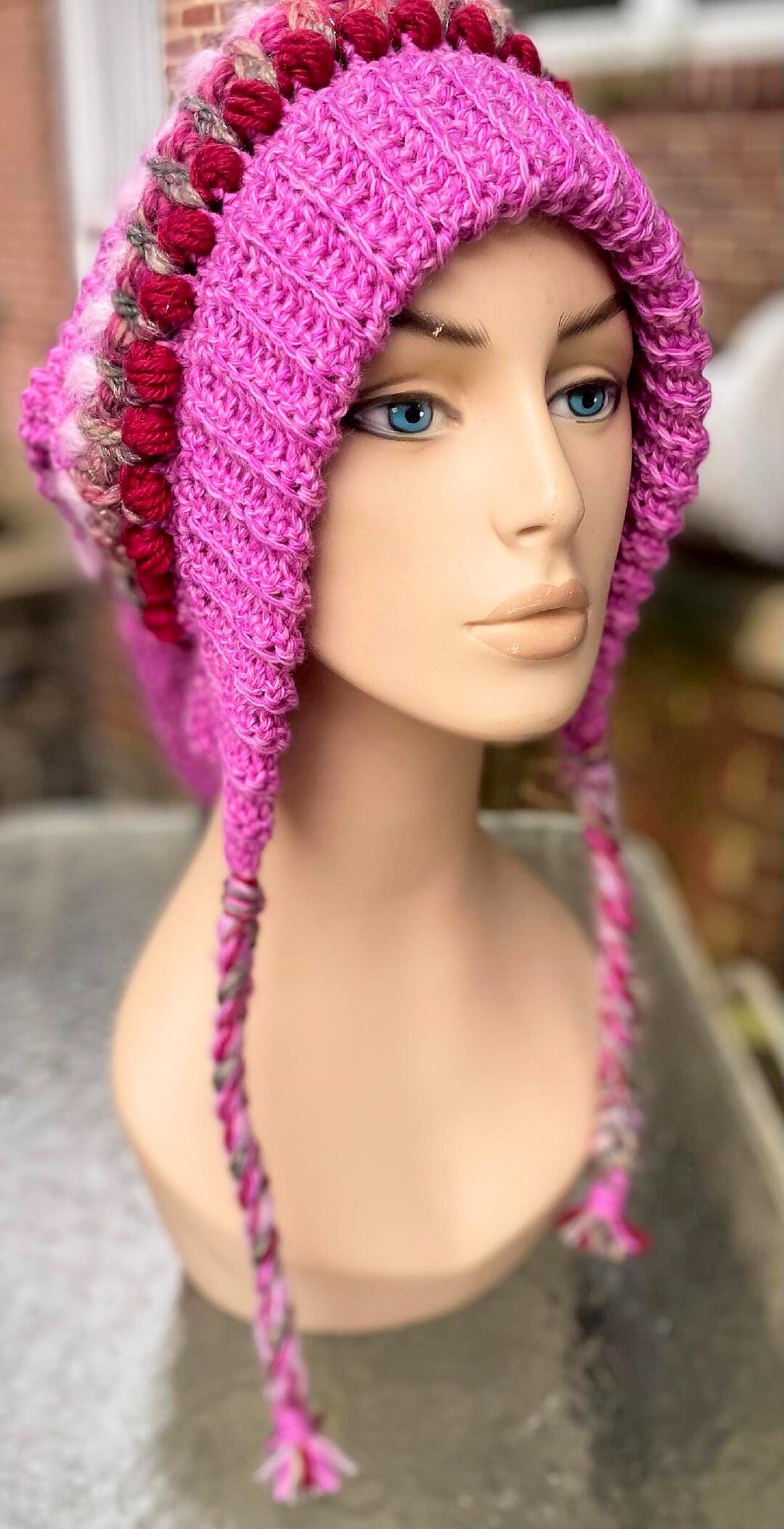 Hot Pink Fae Hood With Braids, Crocheted Hat, Handmade Hat, Winter Hat ...
