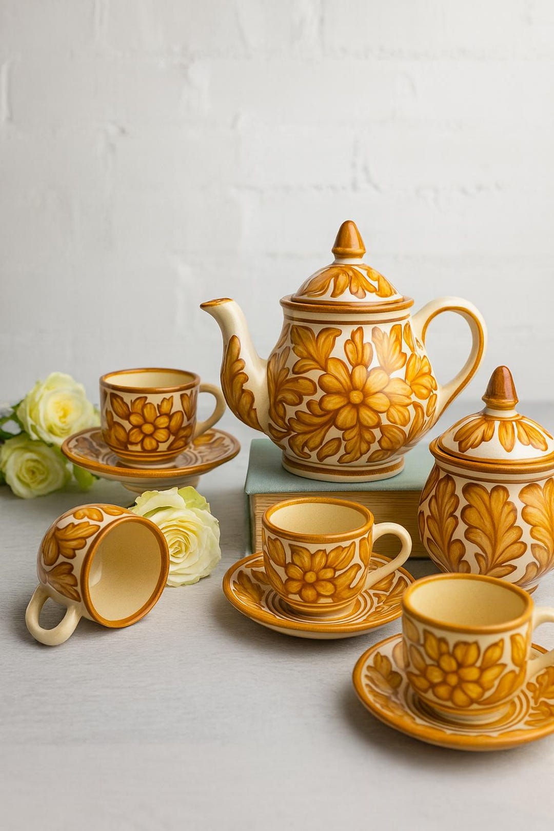 Hand-painted Golden Floral Ceramic Tea & Coffee Set – Timeless Elegance ...