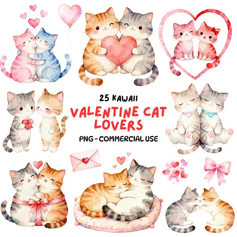 Valentine Cat Watercolor Clipart Bundle - Kawaii Love Cats PNG Set for ...