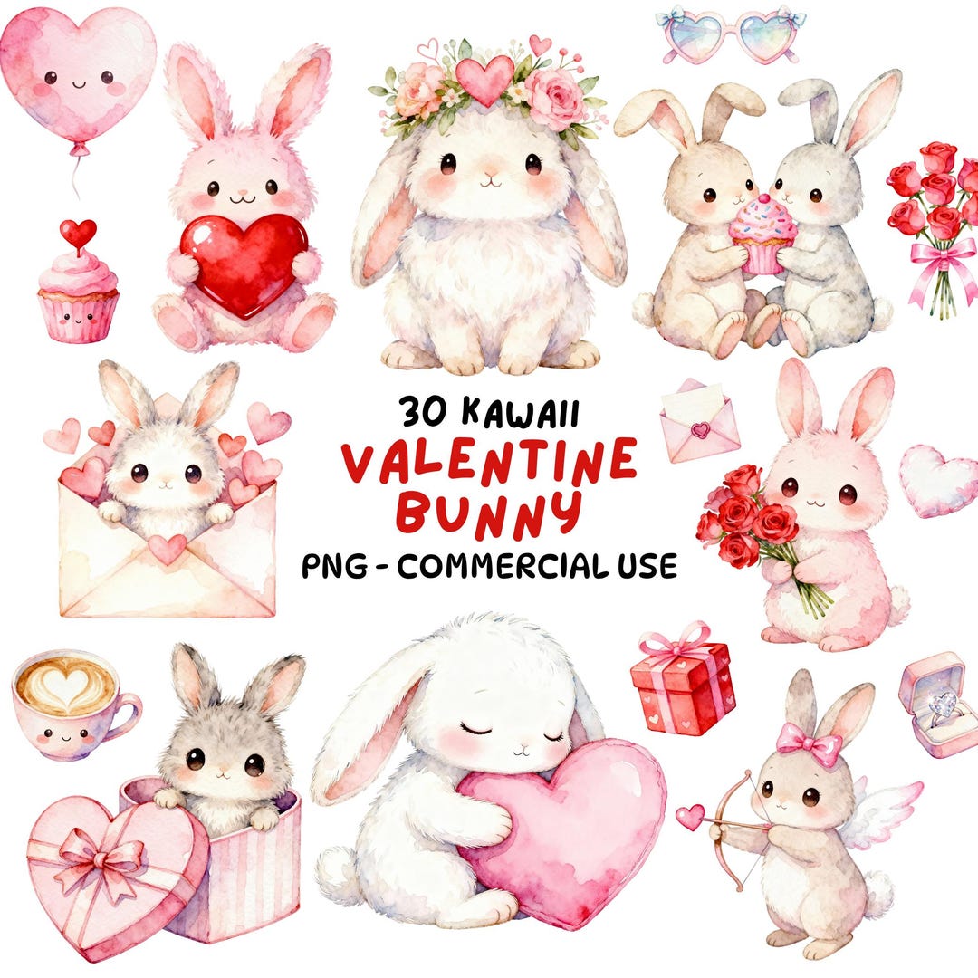 Valentine Bunny Clipart Bundle - Kawaii Cute Watercolor Rabbits, Hearts ...