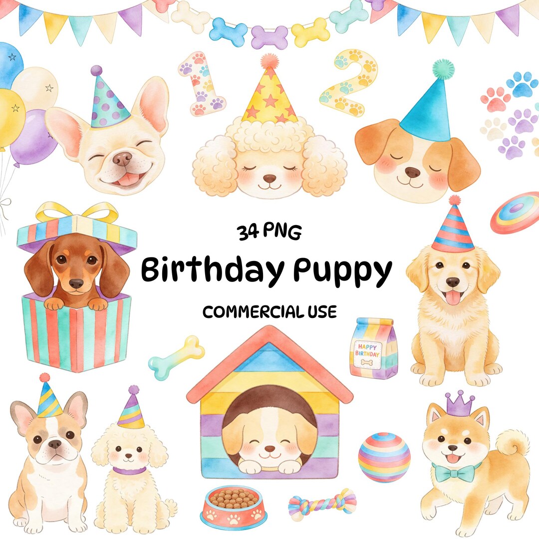 Birthday Puppy Clipart Bundle - Cute Watercolor Dog PNG - Party Hats ...