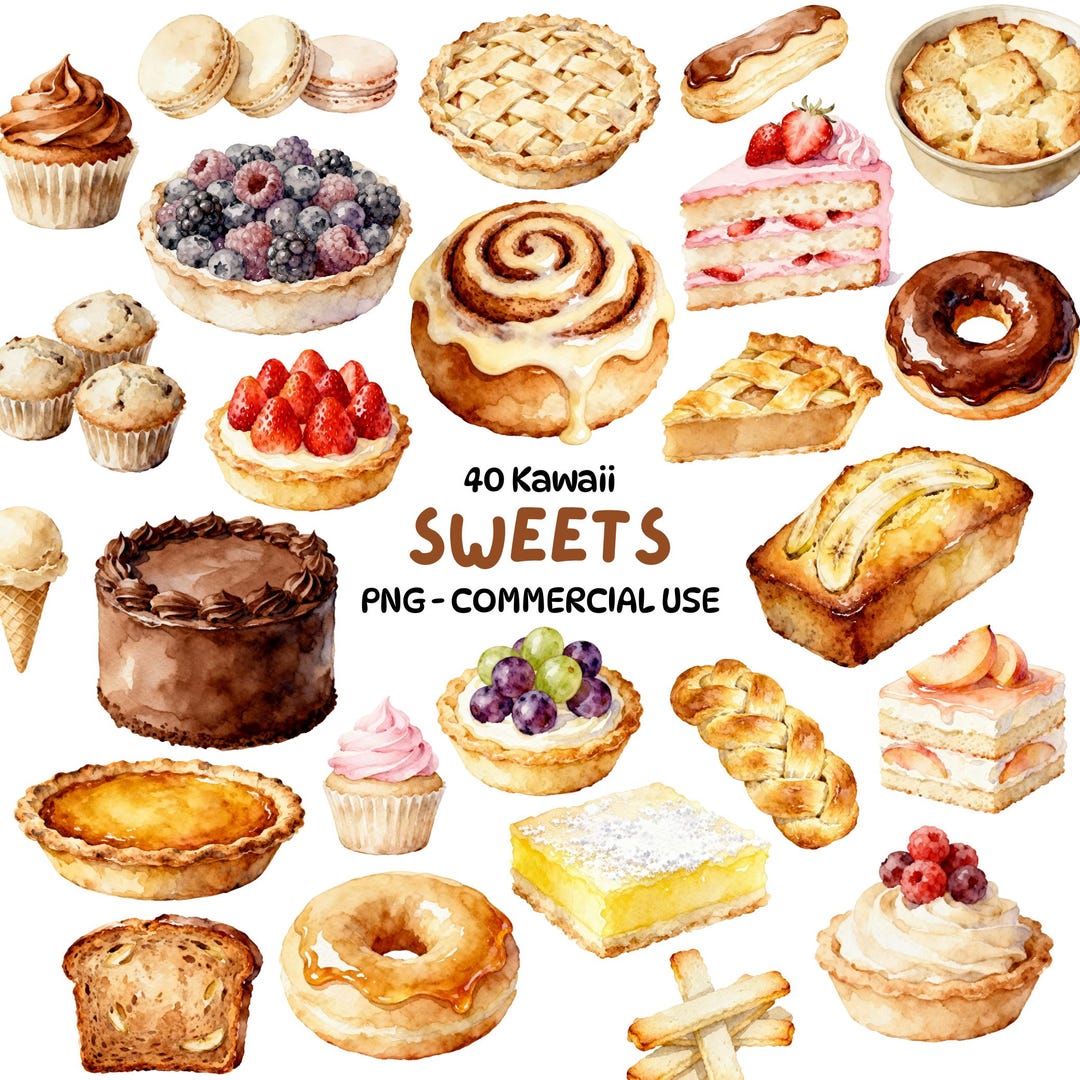 Cute Sweets Watercolor Clipart Bundle - Donuts, Cakes, Cupcakes ...