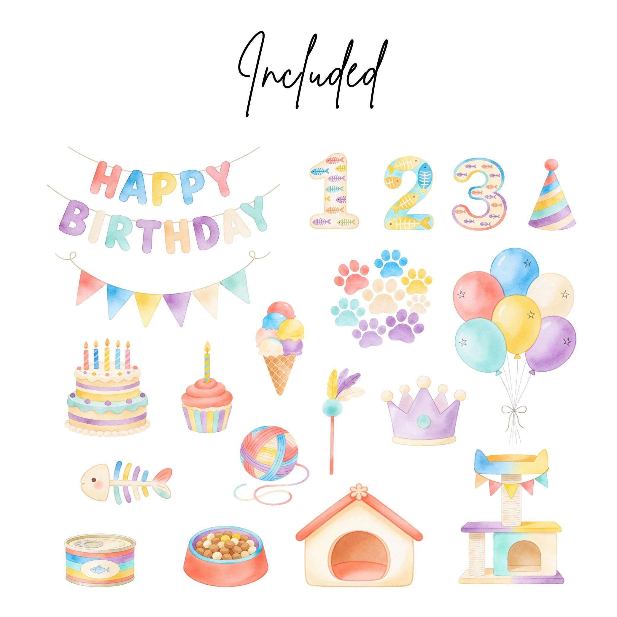 Birthday Cat Clipart Bundle - Pastel Kawaii Watercolor Cat PNG - Party ...