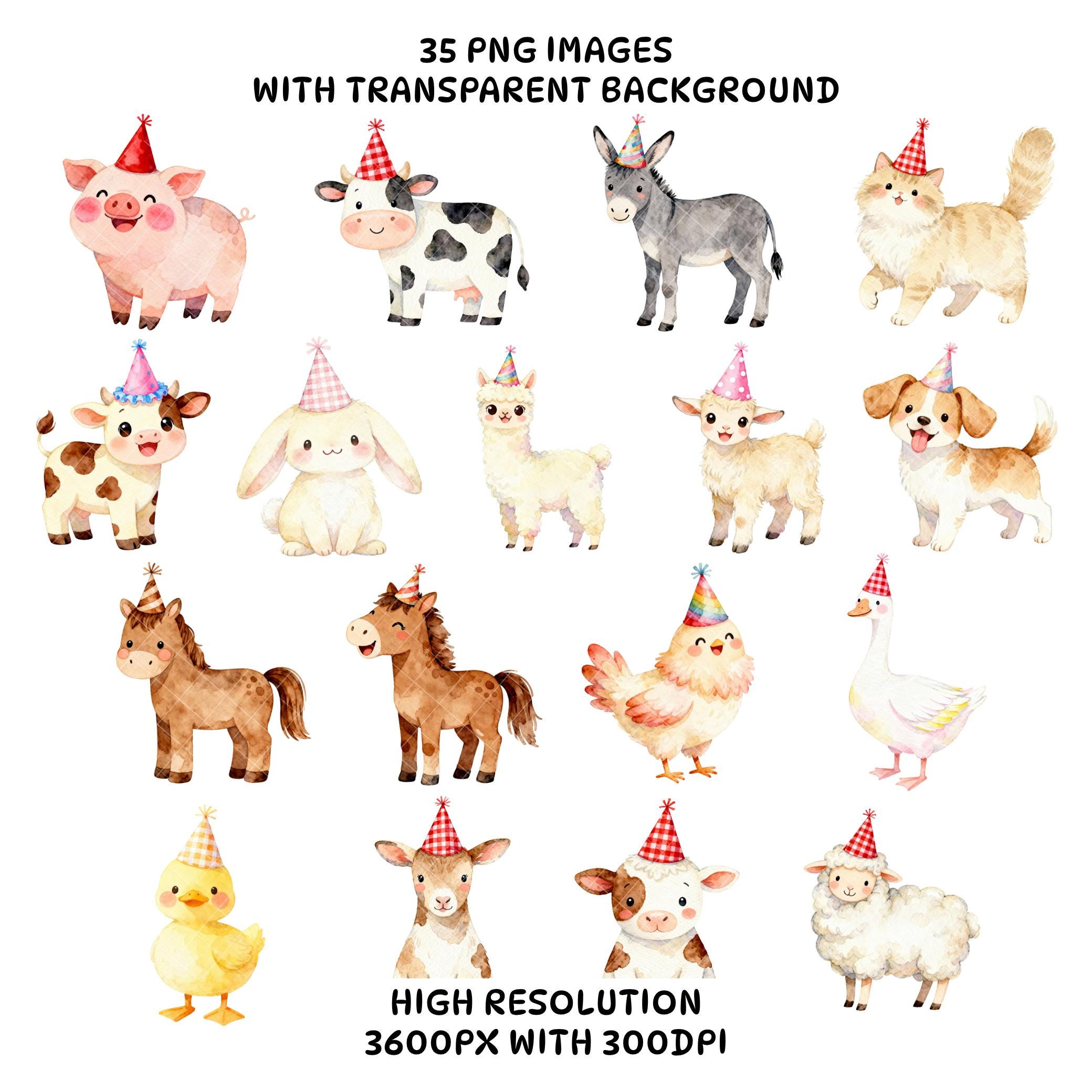 Cute Farm Birthday Clipart Bundle - Kawaii Cow, Horse, Pig, Duck ...