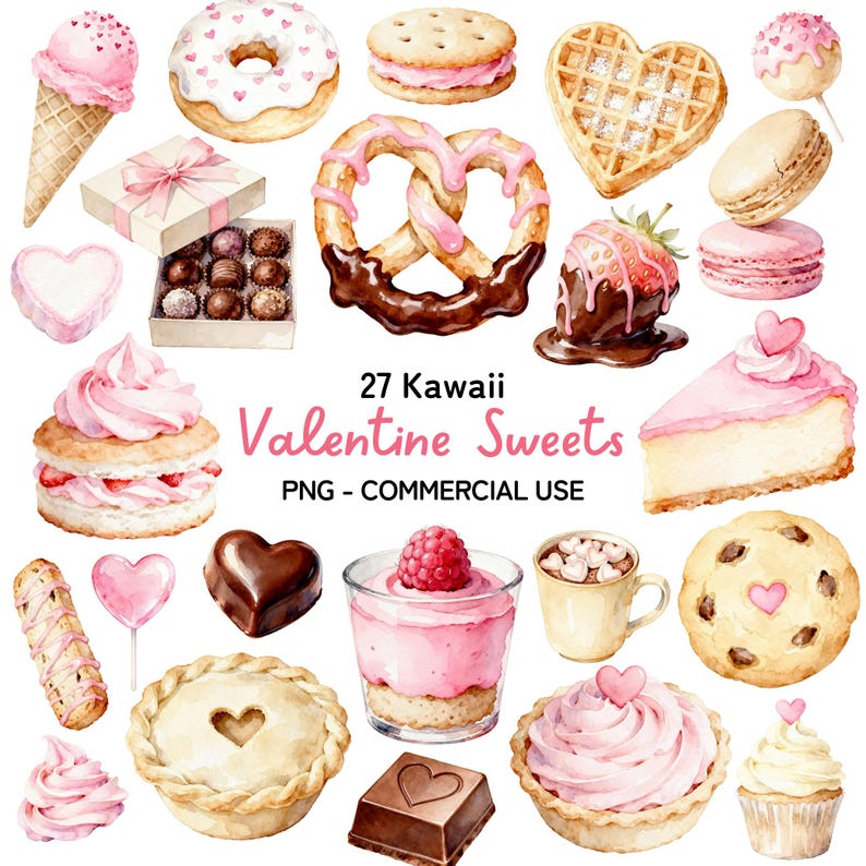 Valentine Sweets Clipart Bundle – Kawaii Pink Dessert PNG Set for Cards ...