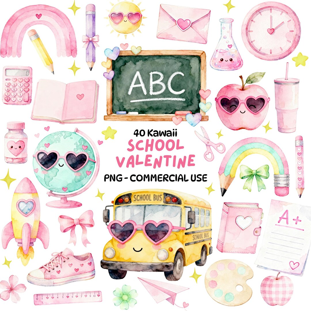 Cute School Valentine Clipart Bundle - Kawaii Pink Classroom PNG Set ...